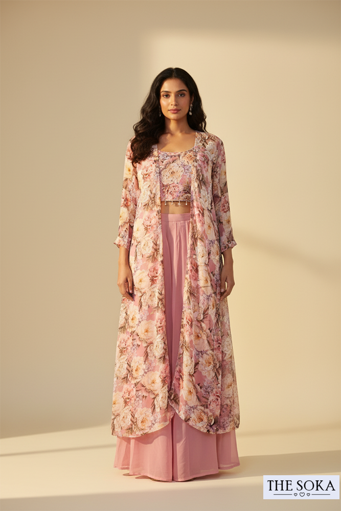 Blush Pink Floral Print Jacket Co-ord Set with Palazzo Pants – The Soka